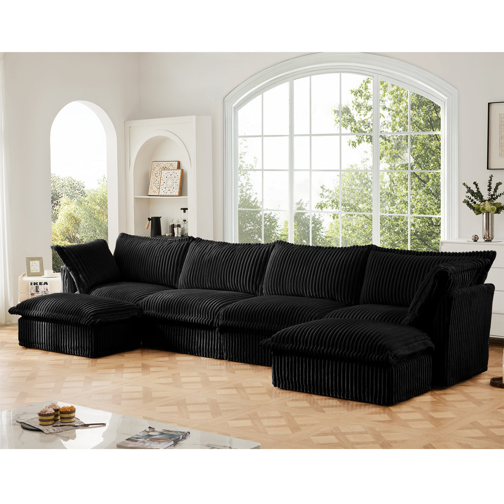 Fluffy Corduroy 4-Seat Couch – Black with 2 Ottomans, Washable – Two ...