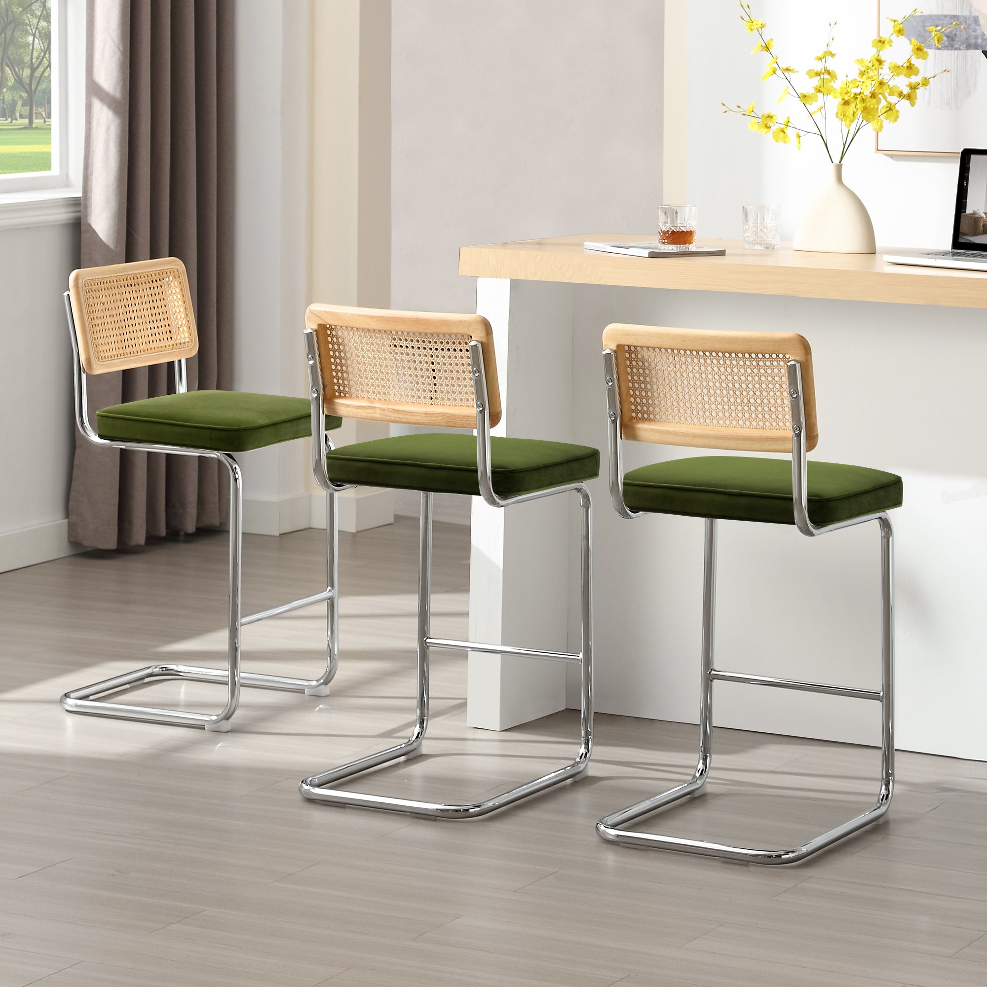 Rattan Counter Stools Set of 3 – Stainless Steel Legs & Green Velvet ...